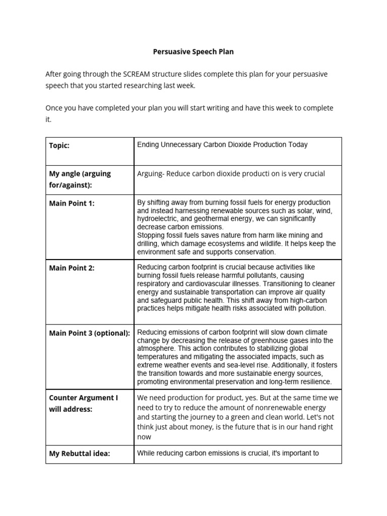 Persuasive Speech Plan Student | PDF | Climate Change Mitigation ...