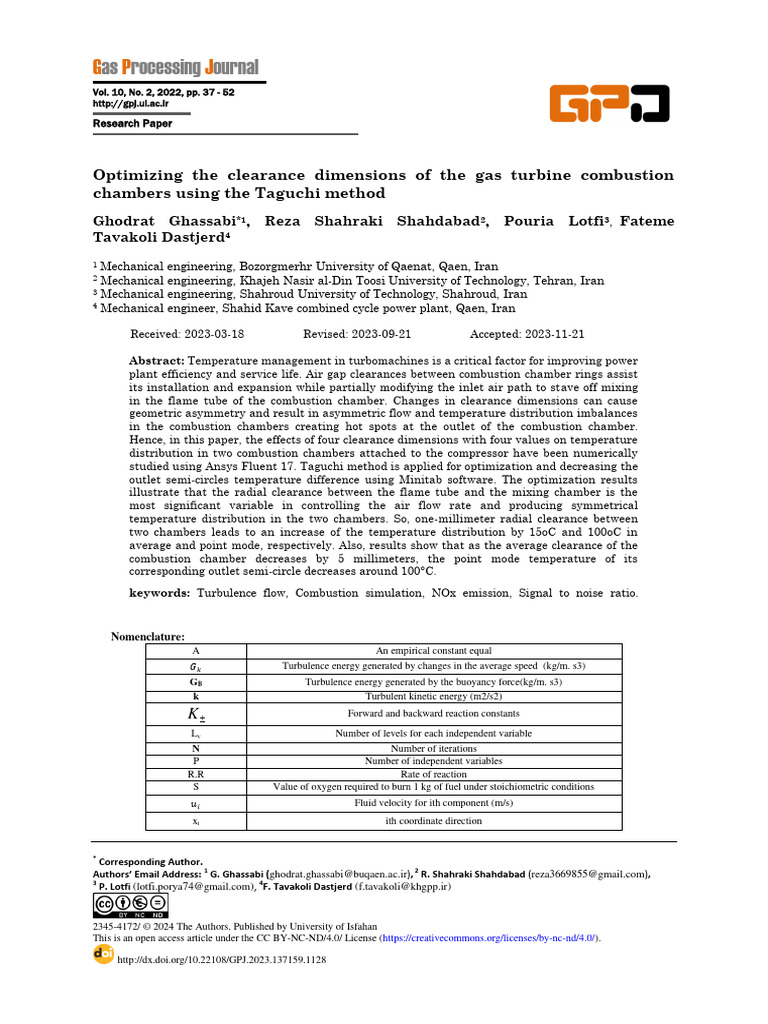 Optimizing the clearance dimensions of the gas turbine combustion chambers using the Taguchi ...