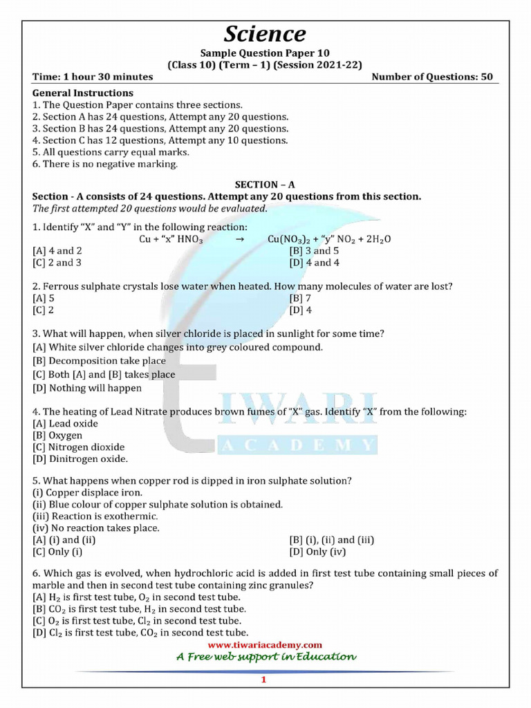 10 Science Sample Papers 10 | PDF