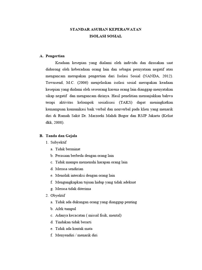 Isolasi Sosial: Standar Asuhan Keperawatan | PDF | Pengembangan Diri