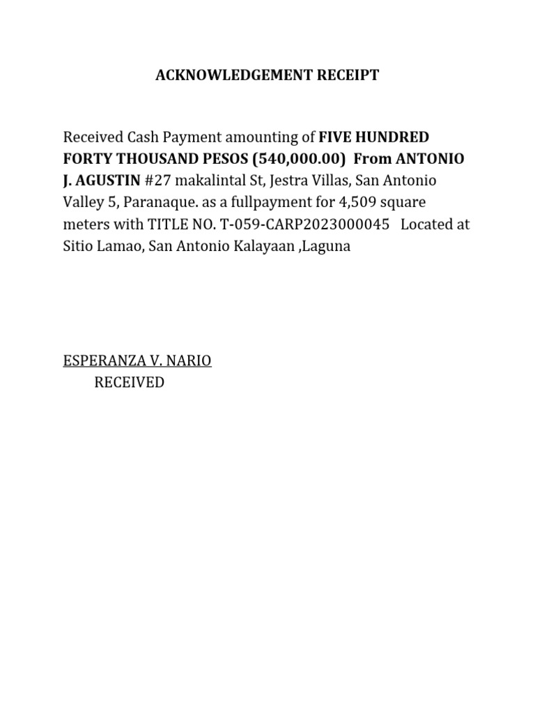 Acknowledgment Receipt for Property Payment | PDF