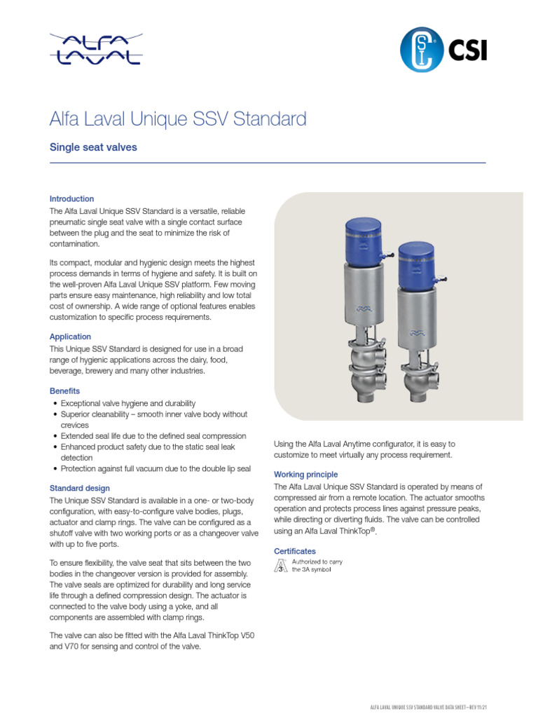 Alfa Laval Unique SSV Standard Valve Data Sheet | Download Free PDF ...