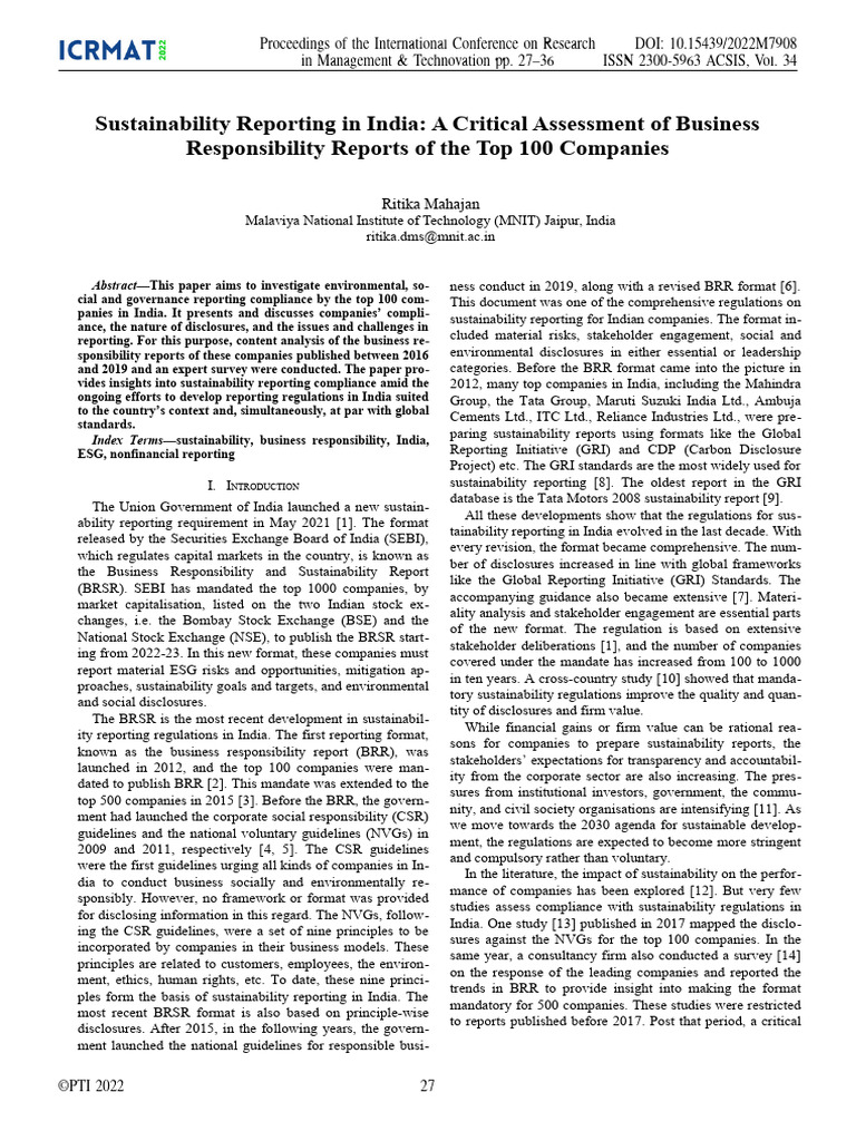Sustainability Reporting in India: A Critical Assessment of Business ...