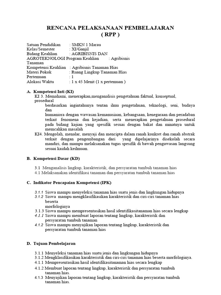 RPP Tanaman Hias XI Ganjil Ruang Lingkup Tanaman Hias | PDF