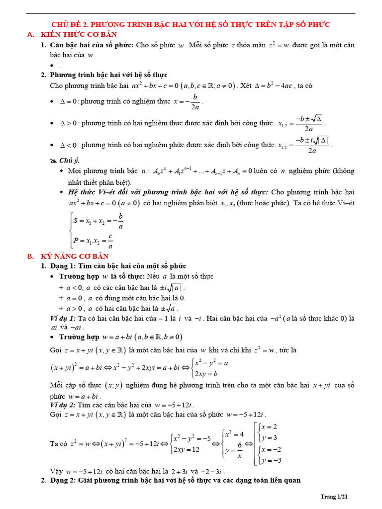 Tom Tat Ly Thuyet Va Bai Tap Trac Nghiem Phuong Trinh Bac Hai Voi He So Thuc Tren Tap So Phuc | PDF