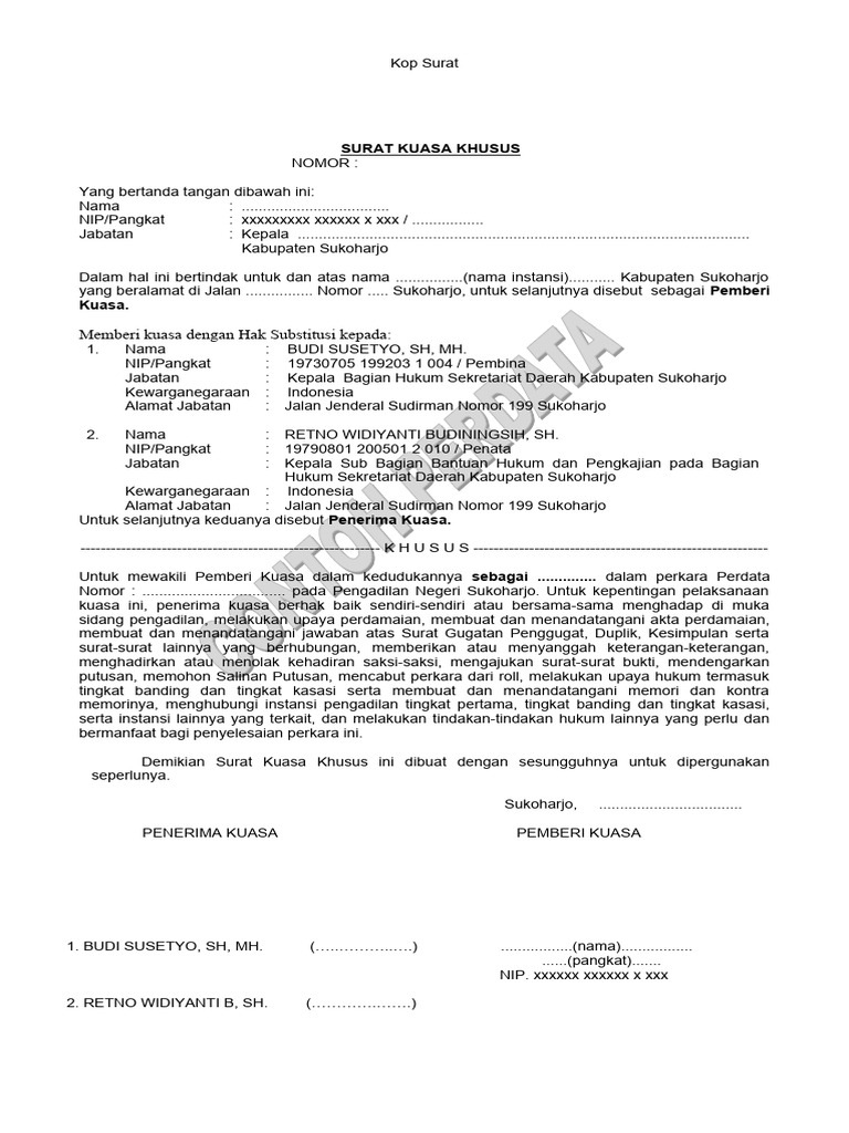 Surat Kuasa Khusus Perdata Sukoharjo | PDF | Politik | Game & Aktivitas