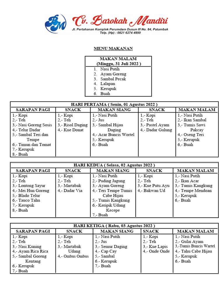 Menu Makanan Kegiatan KKN 2022 | PDF