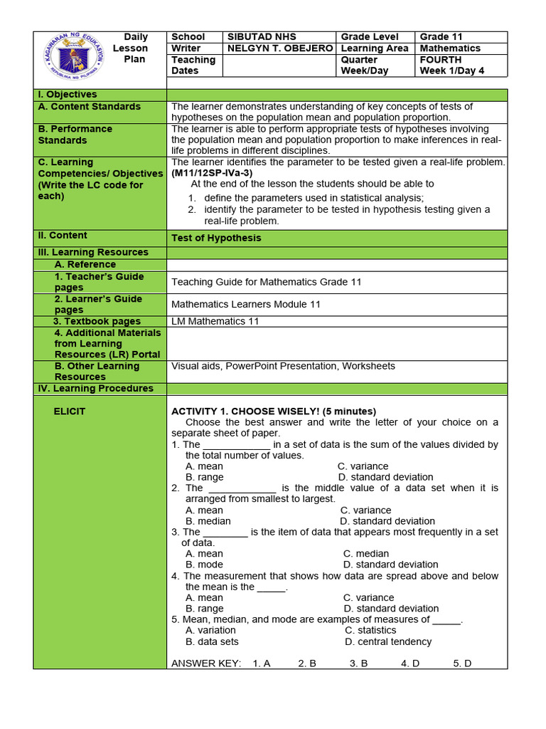 Grade 11 Mathematics Lesson Plan: Hypothesis Testing | PDF | Mean ...