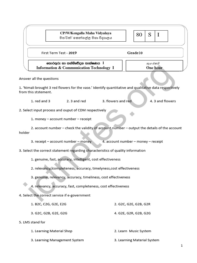 Grade 10 ICT First Term Test Kengalla Maha Vidyala Part 1 2019 ... Grade 10 ICT First Term Test Kengalla Maha Vidyala Part 1 2019 ...