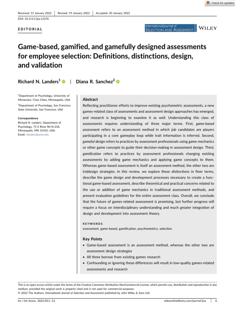Int J Selection Assessment - 2022 - Landers - Game Based Gamified and ... Int J Selection Assessment - 2022 - Landers - Game Based Gamified and ...