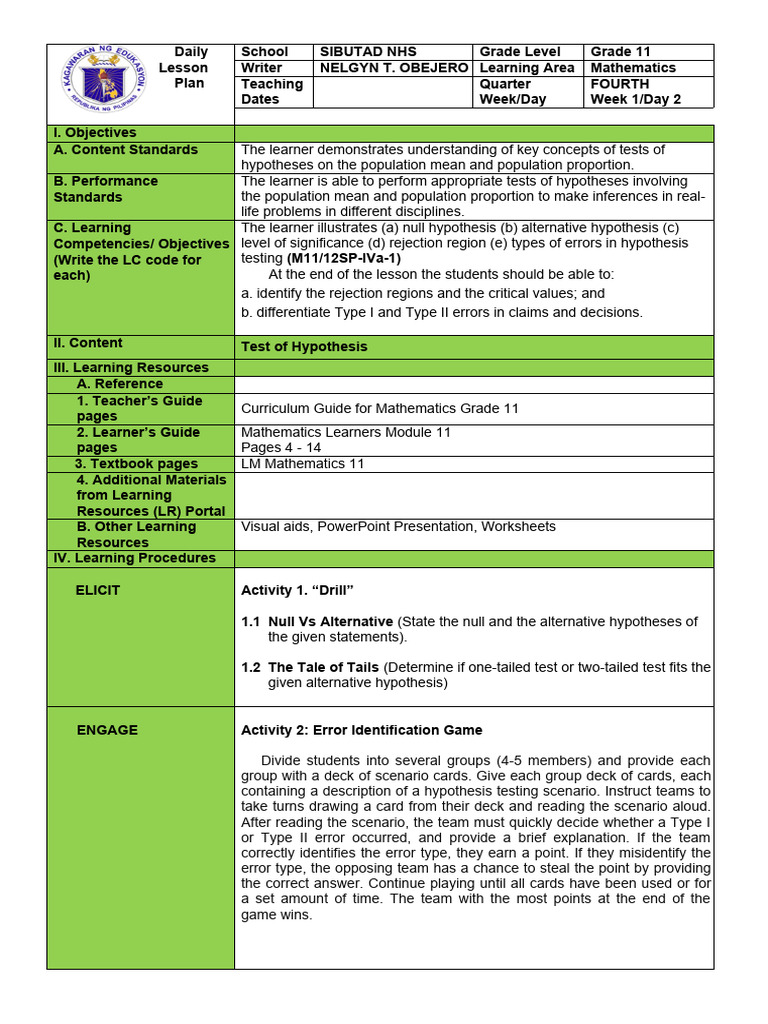 Lesson Plan Q4 Week 1 Day 2 | Download Free PDF | P Value | Type I And ...