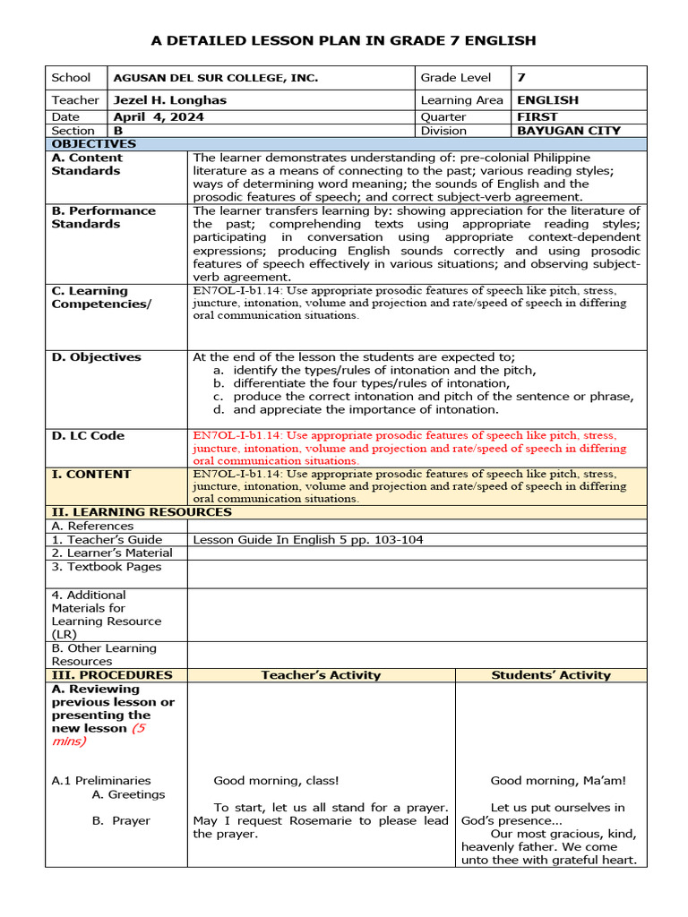 A Detailed Lesson Plan in Grade 7 English | Download Free PDF | Question | Stress (Linguistics)
