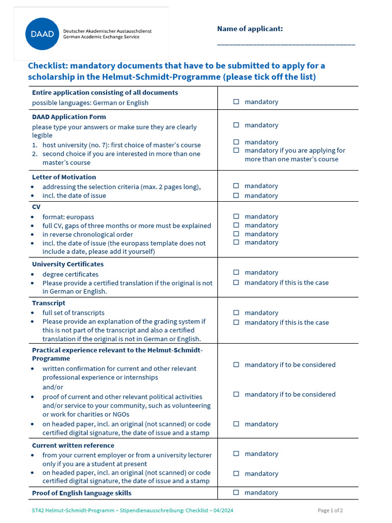 Daad Helmut Schmidt Programme Checklist | PDF | Master's Degree ...
