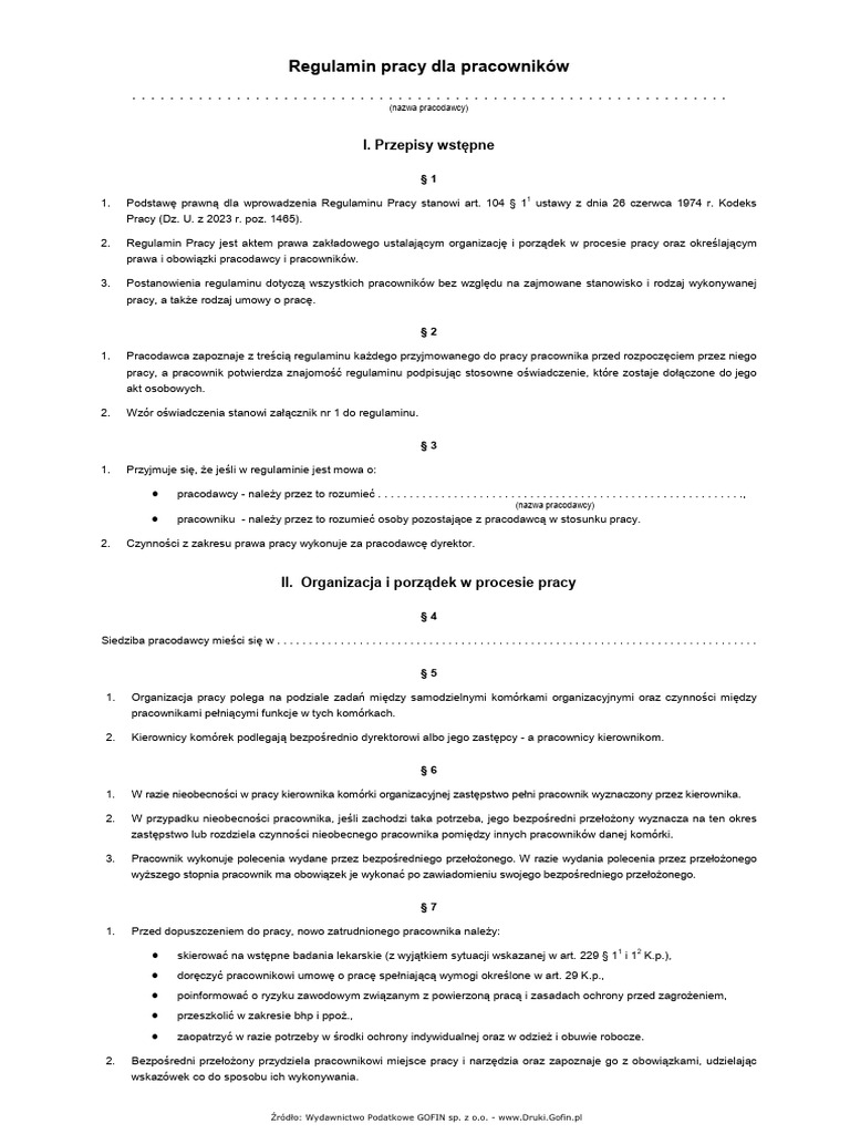 Regulamin Pracy Przyklad | PDF