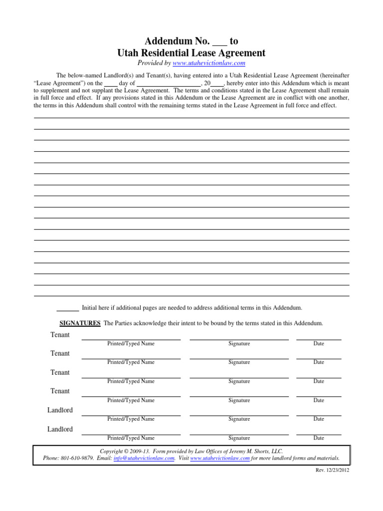 Utah Lease Agreement Addendum Template | PDF