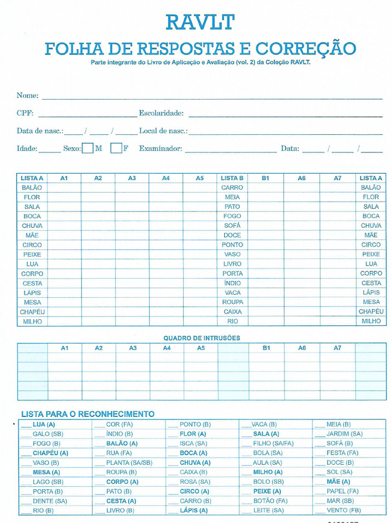 5 - RAVLT VETOR Memoria Folha de Respostas | PDF