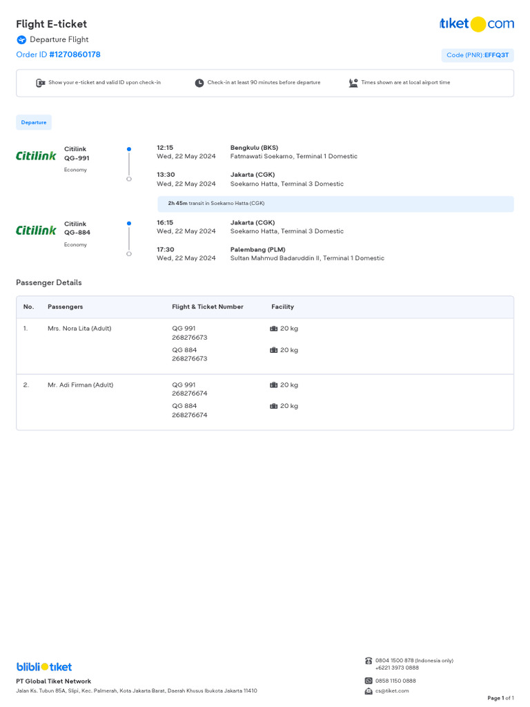 Flight E-Ticket - Order ID - 1270860178 - EFFQ3T - 1 | PDF