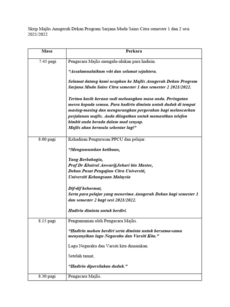 Skrip Majlis Anugerah Dekan Program Sarjana Muda Sains Citra semester 1 ...