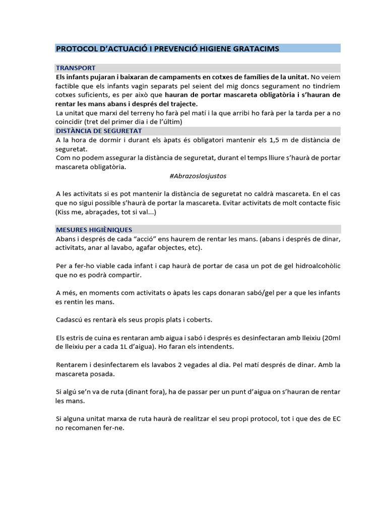 Protocols D'higiène I Actuació Campaments | PDF