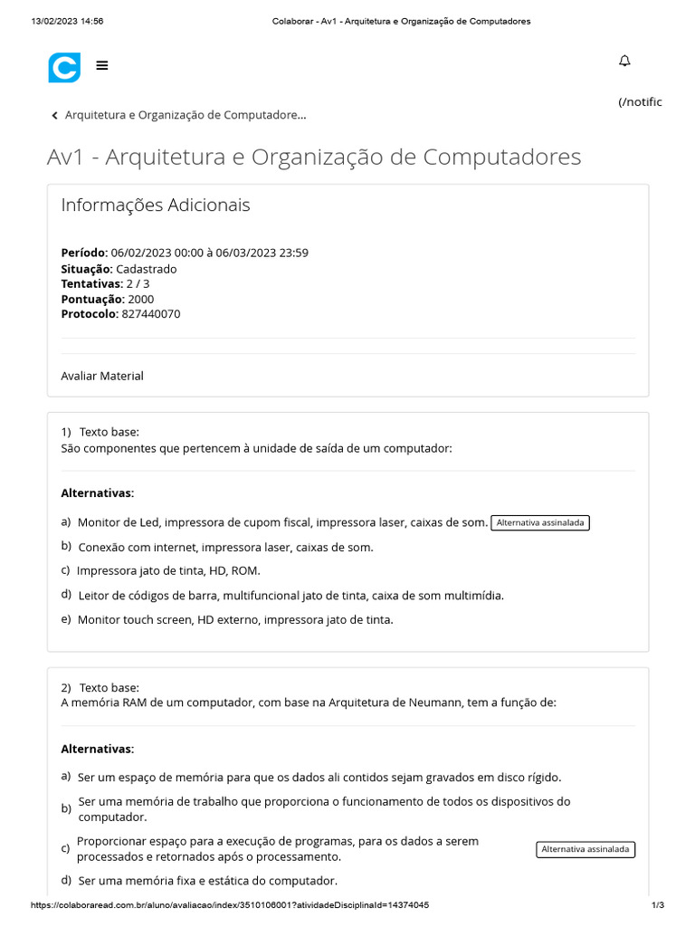 Colaborar - Av1 - Arquitetura e Organização de Computadores | PDF ...
