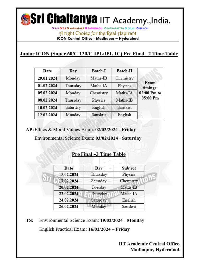 AP & TS Junior ICON (Super 60 - C-120 - C-IPL - IPL-IC) Pre Final - 2 & 3 Time Table | PDF