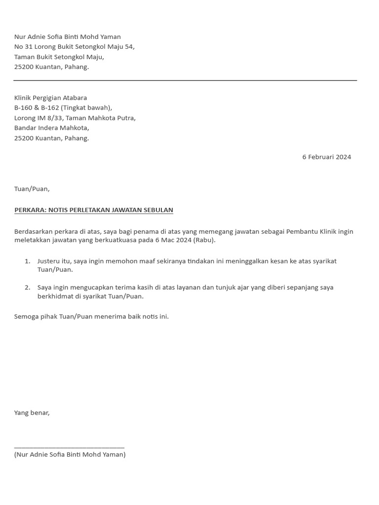 Notis Perletakan Jawatan | PDF