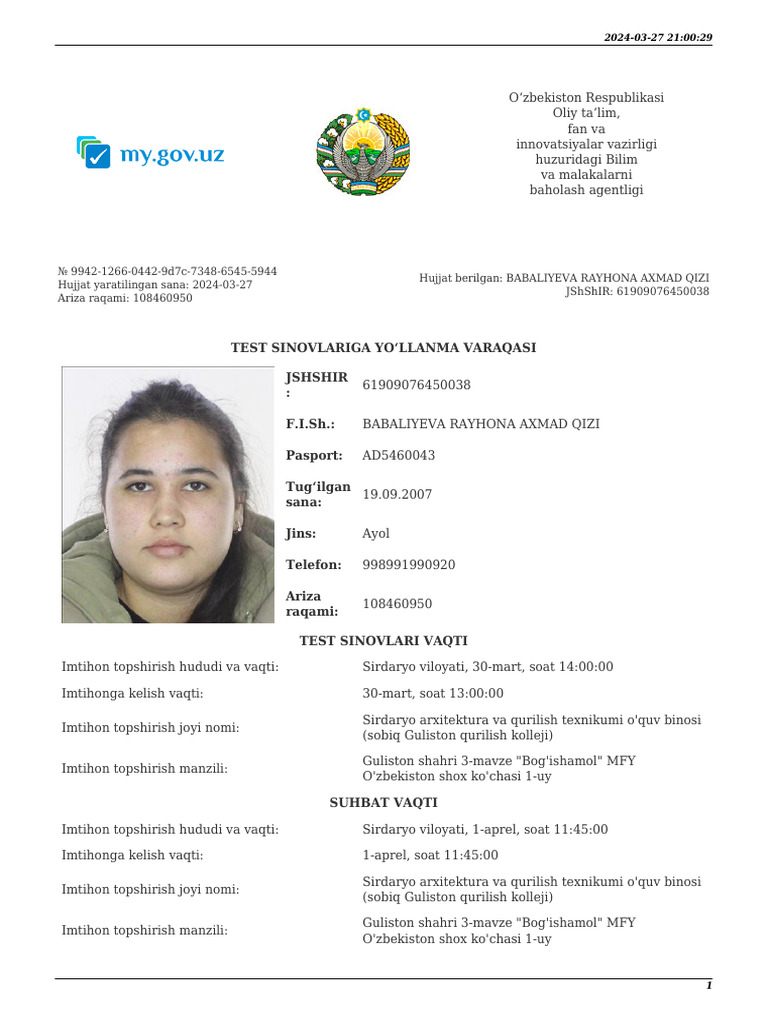 Test Sinovlariga Yo Llanma Varaqasi Jshshir: F.I.Sh.: Pasport: Tug ...