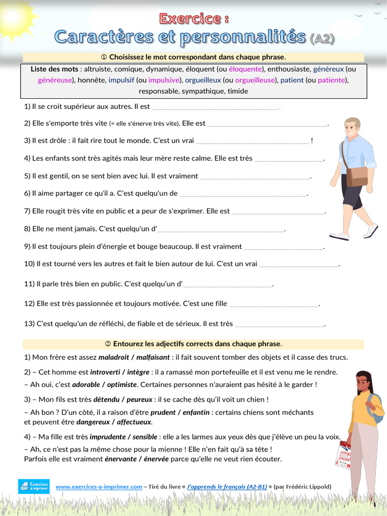 Exercice FLE A2 Caracteres Et Personnalites Avec Marques Site | PDF