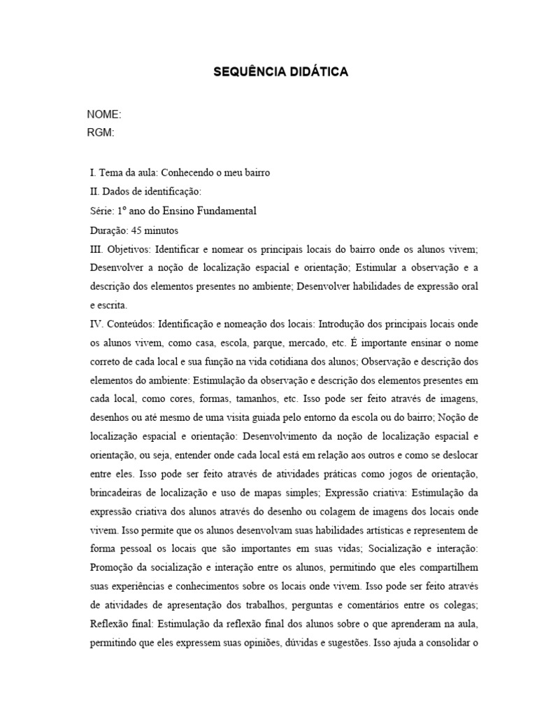 Sequência Didática - Template Atividade IV | PDF | Imagem | Lição