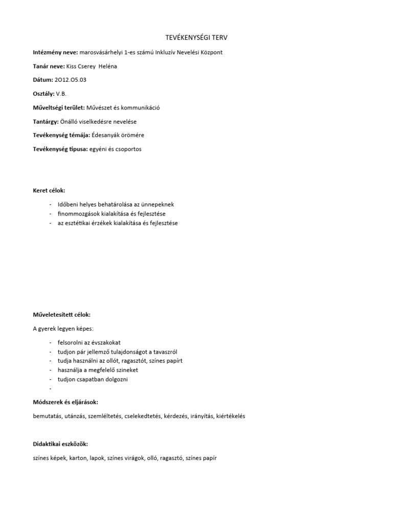 Tevékenységi Terv | PDF
