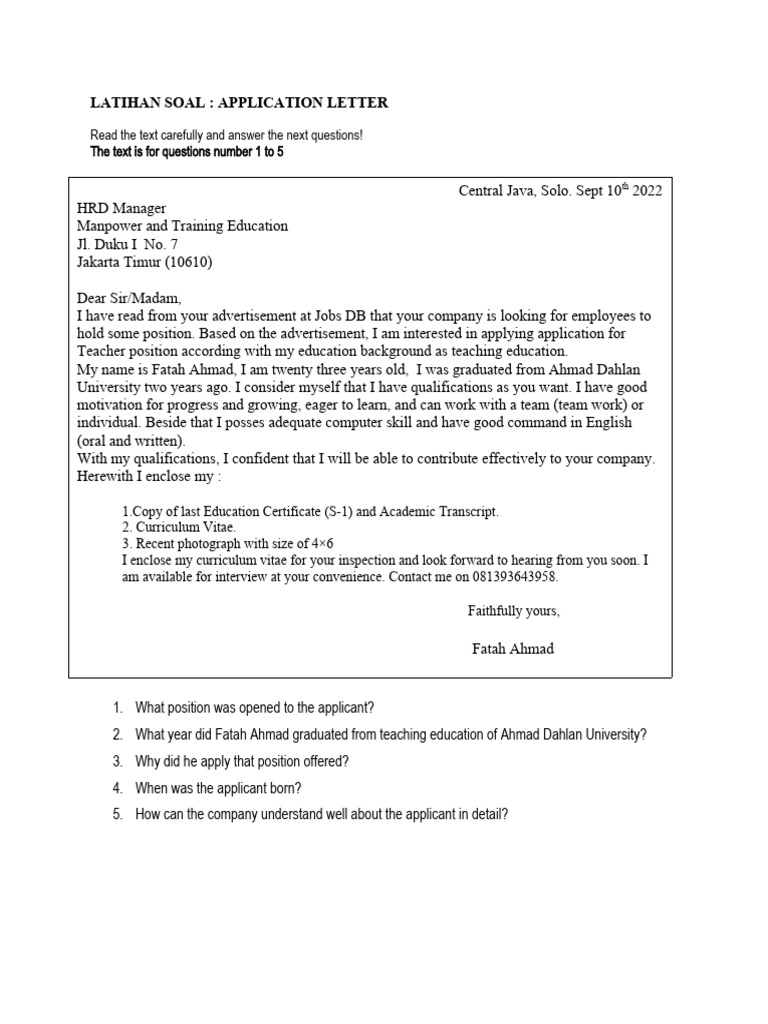 Latihan Soal - Application Letter 2023 | PDF