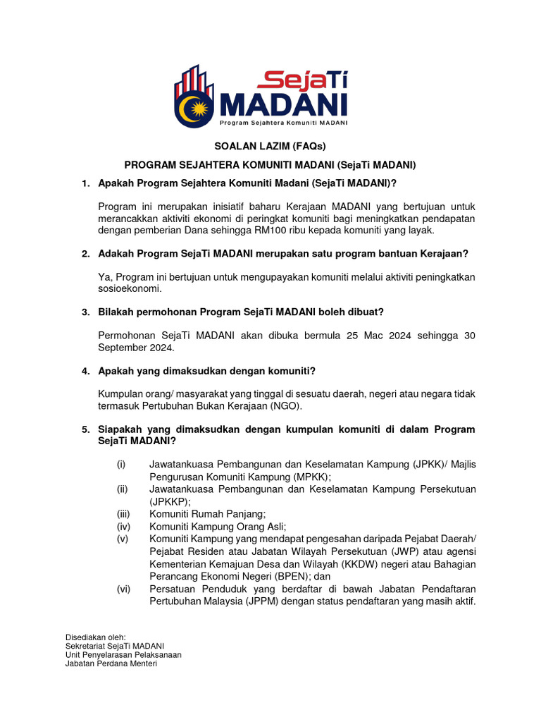 SOALAN-SOALAN LAZIM PROGRAM SejaTi MADANI | PDF