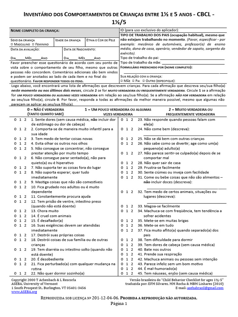CBCL Português 1 A 5 ANOS | PDF | Dor