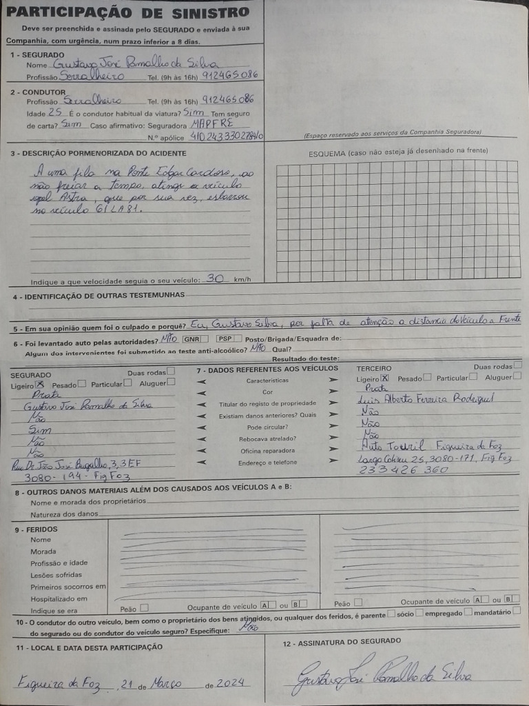 Formulário de Participação de Sinistro de Veículos | PDF