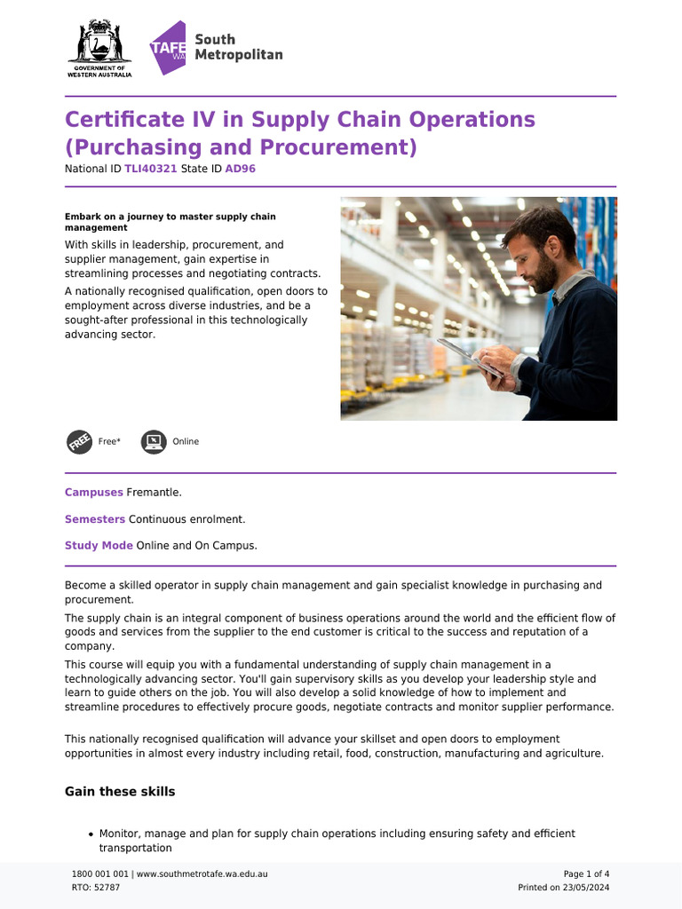 TLI40321 Certificate IV in Supply Chain Operations (Purchasing and ...