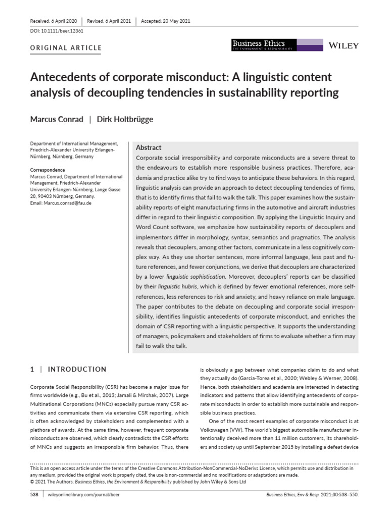 Business Ethics Env Resp - 2021 - Conrad - Antecedents of Corporate ...