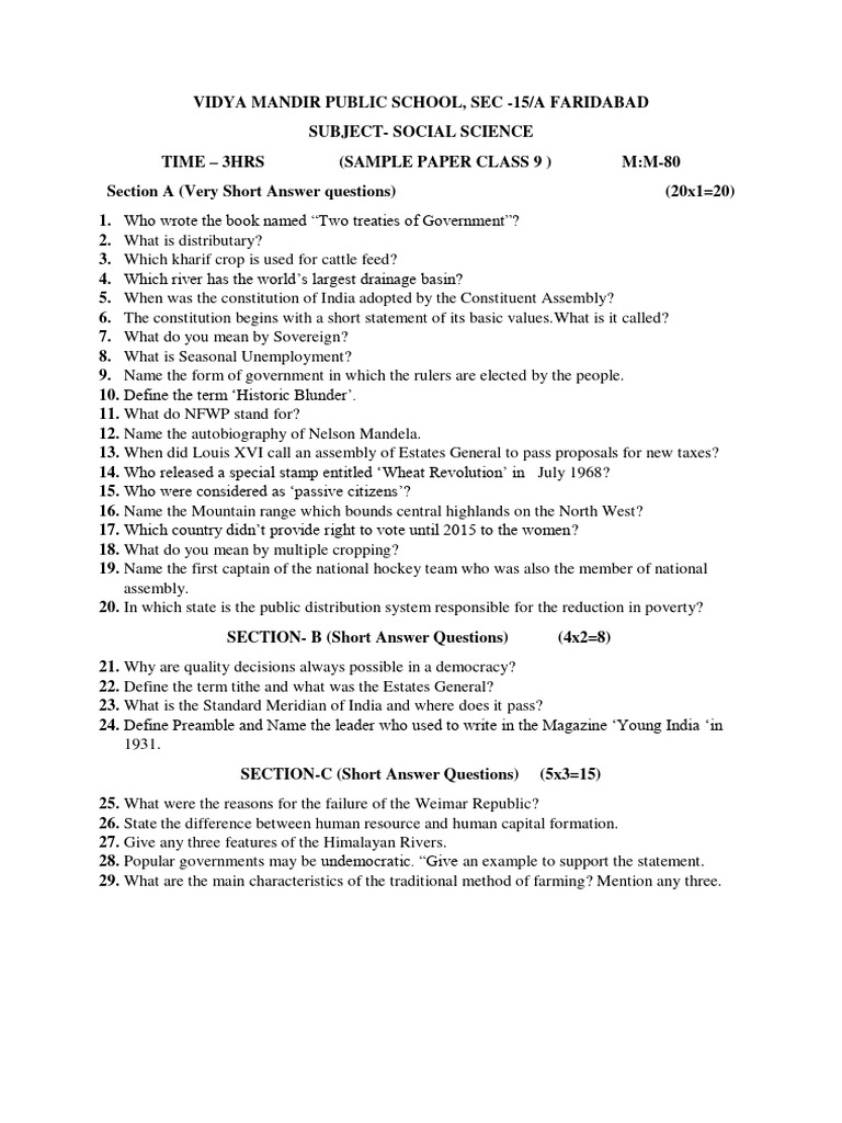 Sample Paper 9th | PDF | Himalayas | Weimar Republic