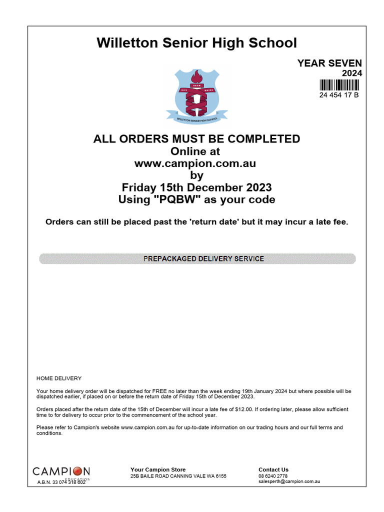 Willetton SHS Year 7 2024 FINAL | PDF