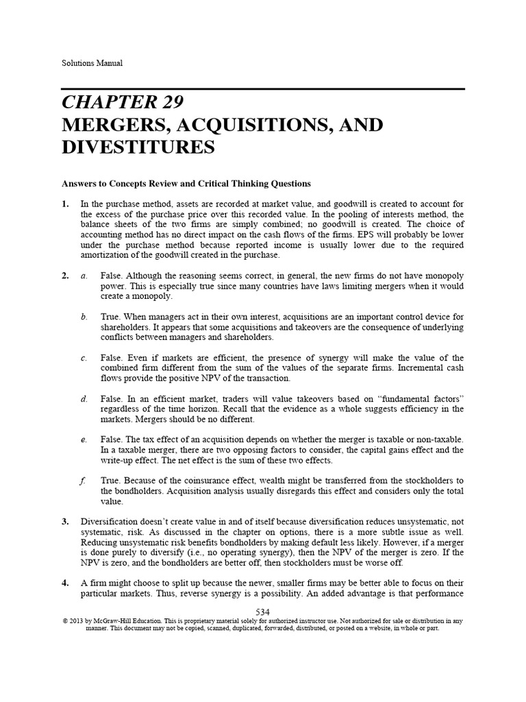 Mergers and Acquisitions Solutions Manual | PDF | Balance Sheet | Book ...
