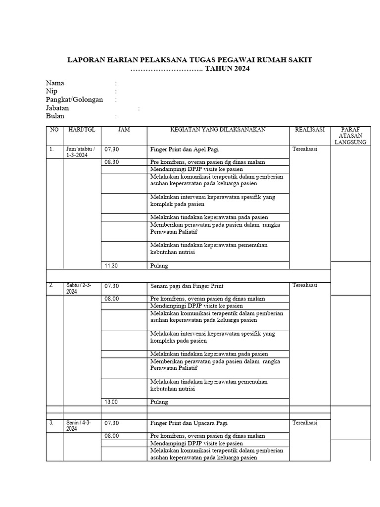 Format Laporan Harian (Logbook) Rumah Sakit | PDF