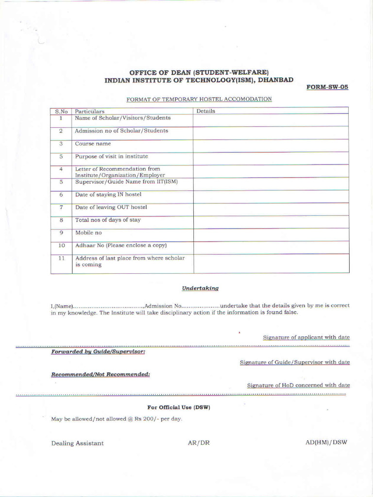 Temporary Hostel Form | PDF