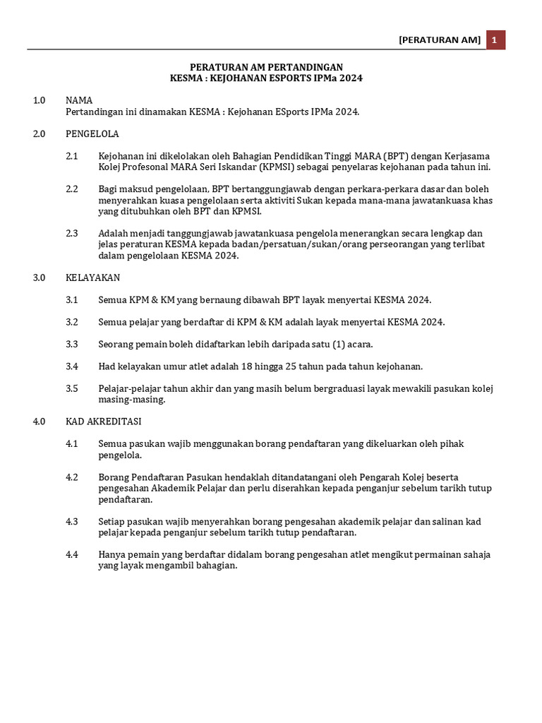 Peraturan Am Kesma 2024 | PDF