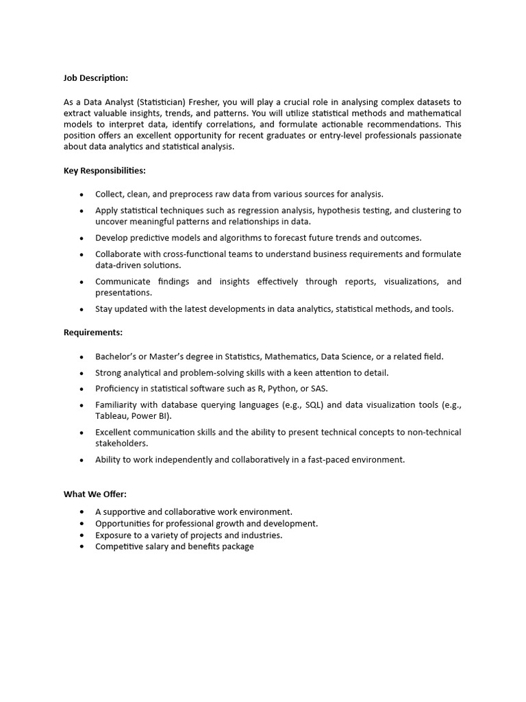 Job Description - Data Analyst | PDF | Career & Growth | Computers