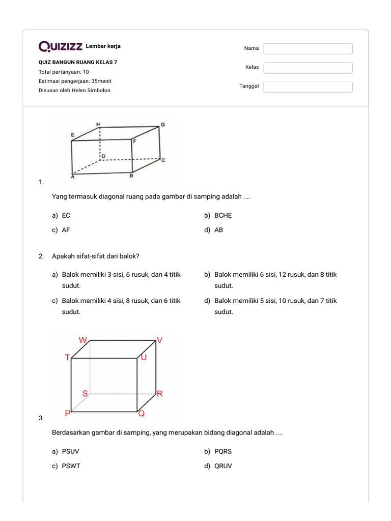 Quiz Bangun Ruang Kelas 7 - Quizizz | PDF | Metode & Bahan Ajar | Griya & Taman