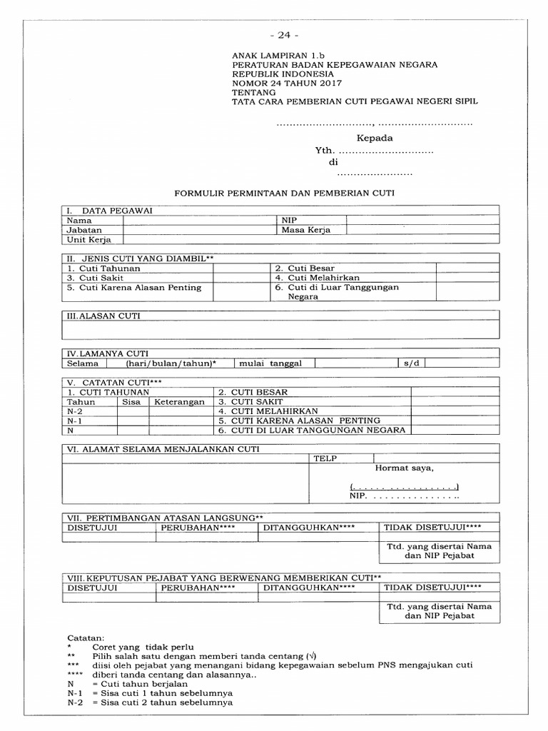 Form Cuti Per BKN No 24 Tahun 2027 | PDF