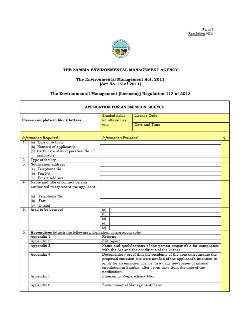 Form I Application For An Emission Licence SI No 112 of 2013 | PDF | N ...