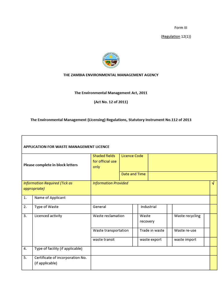 Zambia Waste Management Licence Application | PDF | Waste | Waste ...