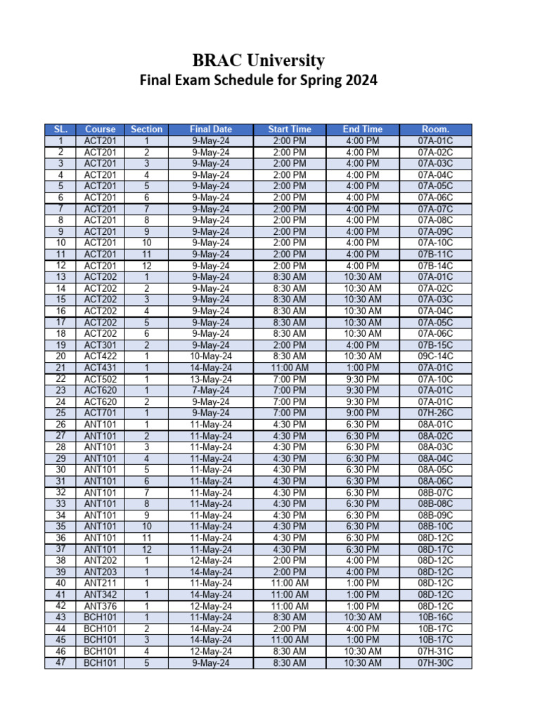 Final Exam Schedule Spring 2024 Revised-u | PDF