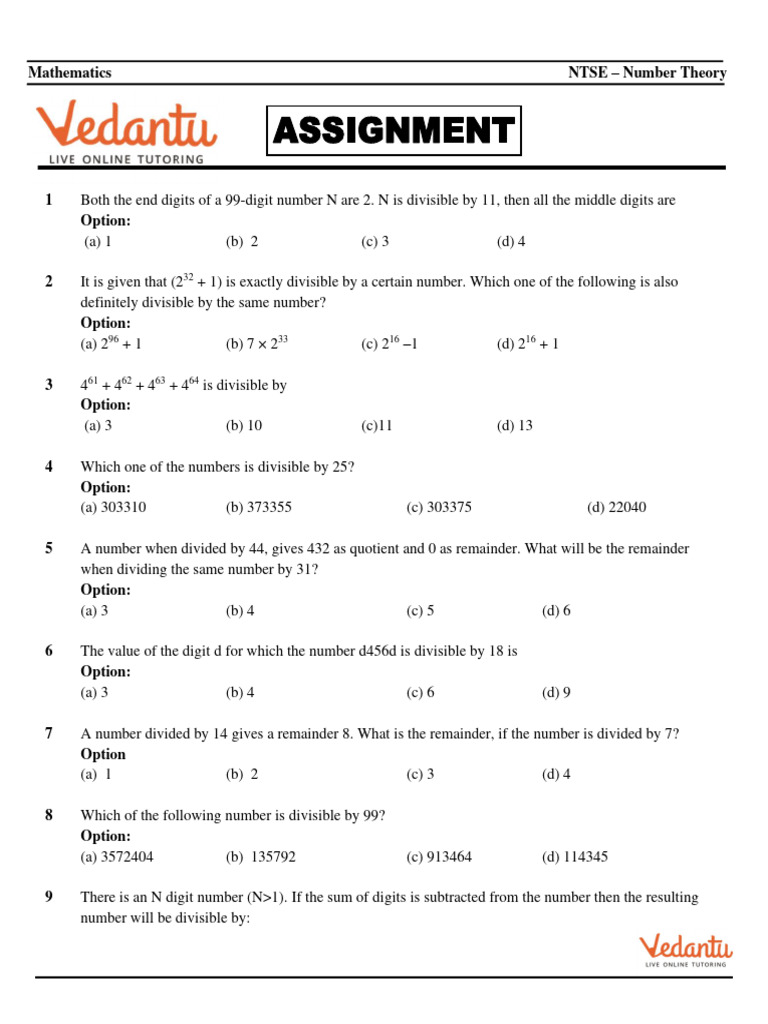 Ntse Number Theory Divisibility Rule Assignment Questions | PDF