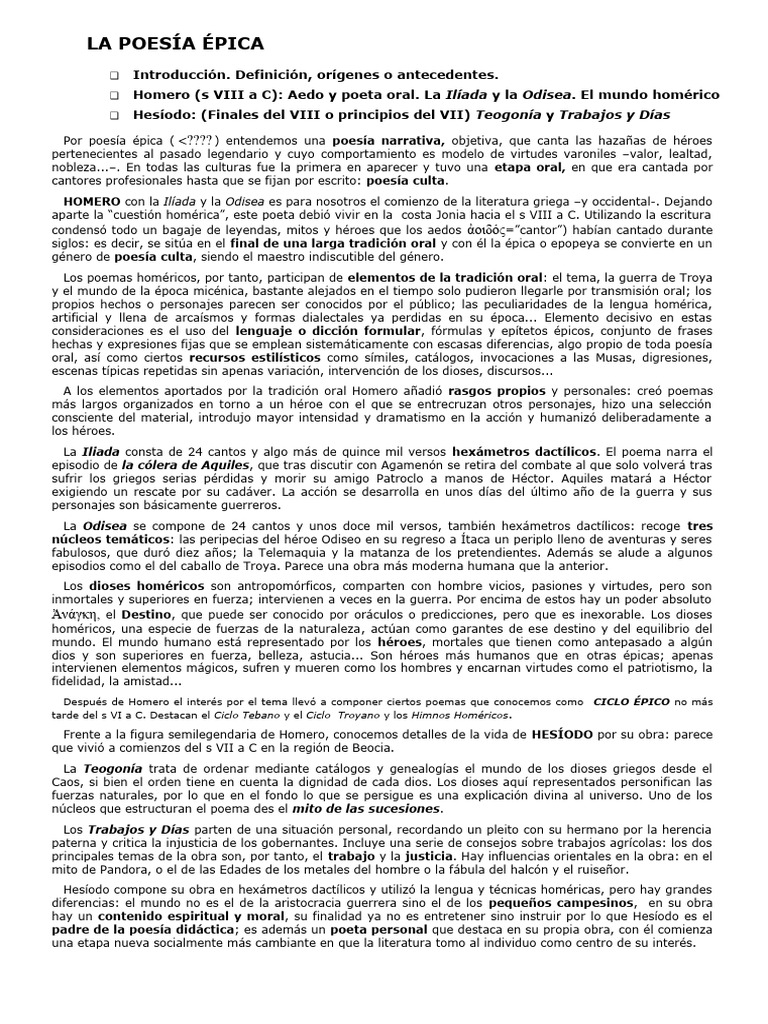 LITERATURA GRIEGA. Esquema-Resumen POESÍA ÉPICA | PDF | Homero | Poesía